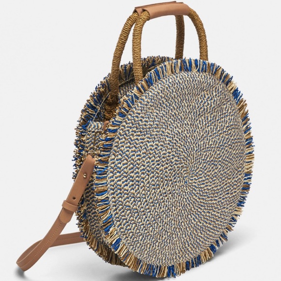 Zara | Bags | Cybermondaysale Zara Blue Round Woven Rattan Basket Bag ...